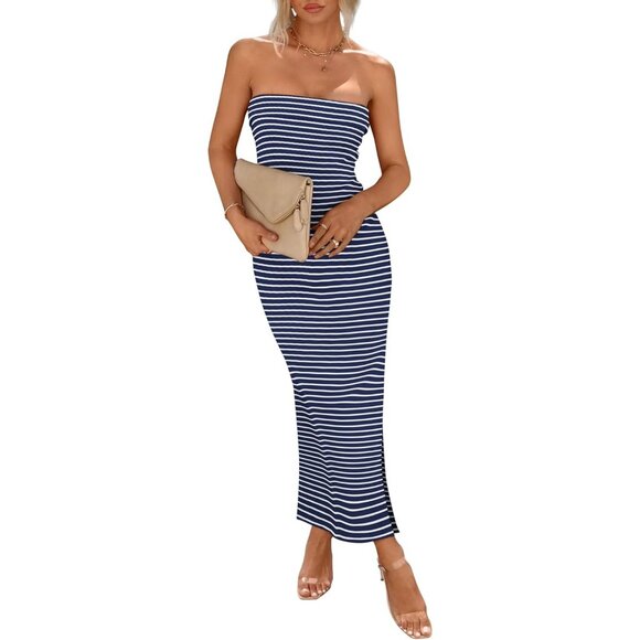 Dresses | Womens Striped Navy White Summer Bodycon Maxi Tube Dress ...